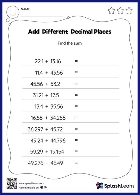 Add Different Decimal Places Horizontal Addition Math