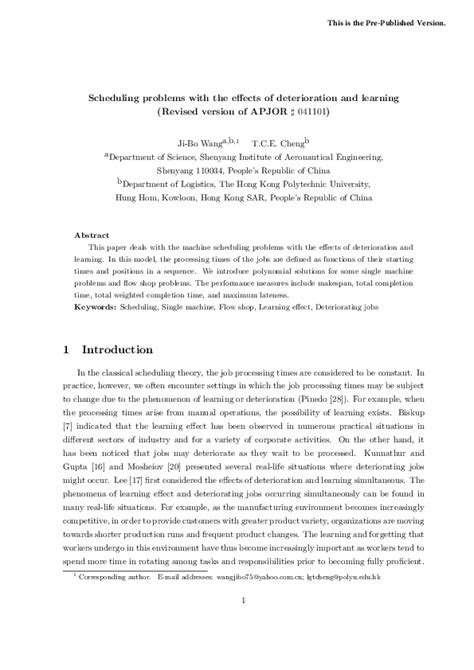 Pdf Scheduling Problems With The Effects Of Deterioration And Learning Edwin Cheng