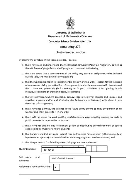 Wb372 Plagiarism Declaration University Of Stellenbosch Department Of Mathematical Sciences