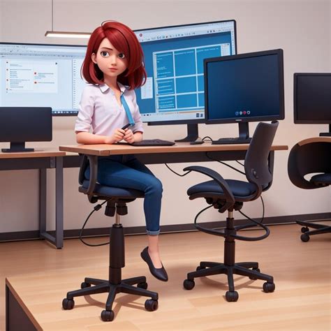 Premium Photo A Woman Sits At A Desk With A Computer And A Monitor Showing The Word On It