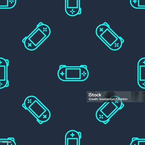 녹색 라인 휴대용 비디오 게임 콘솔 아이콘 블루 배경에 원활한 패턴을 격리 게임 패드 기호 게임 컨셉 벡터 Brand Name