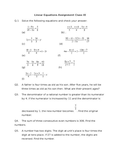 Linear Equations Assignment 1 Pdf Rupee Fraction Mathematics