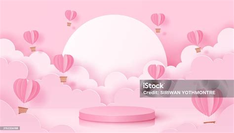 벡터 핑크 연단 받침대 와 달콤한 장면 와 종이 심장 풍선 구름 와 태양 제품 전시 광고를 위한 파스텔 배경 3차원 형태에 대한 스톡 벡터 아트 및 기타 이미지 Istock