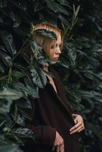 녹색 단풍을 배경으로 코트를 입은 여자 세련된 중년 여성 40세 마른 체격 패션모델에 대한 스톡 사진 및 기타 이미지 패션모델 40 44세 아름다운 여성 Istock