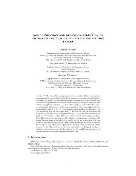 Pdf Homogenization And Dimension Reduction Of Filtration Combustion In Heterogeneous Thin Layers