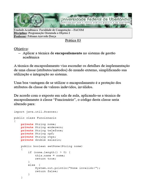 Pratica 03 Encapsulamento Pdf Classe Programação De Computadores Programação Orientada