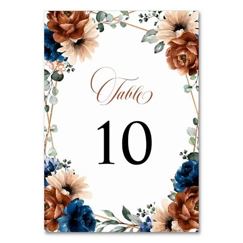 Terracotta Navy Blue Greenery Geometric Wedding Table Number Zazzle