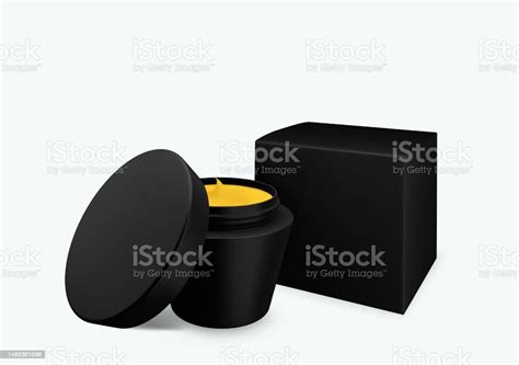 흰색 배경에 빈 검은색 무광택 화장품 항아리가 정면 시야각에 얼룩 크림이 있는 모형 3d 그림 공란에 대한 스톡 사진 및 기타 이미지 Istock