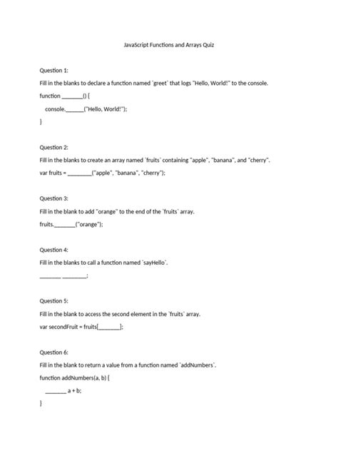 javascript functions and arrays quiz pdf