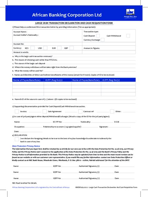 Fillable Online Large Cash Transaction Declaration And Cash Requisition