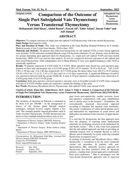 Pdf Comparison Of The Outcome Of Single Port Subxiphoid Vats Thymectomy Versus Transternal