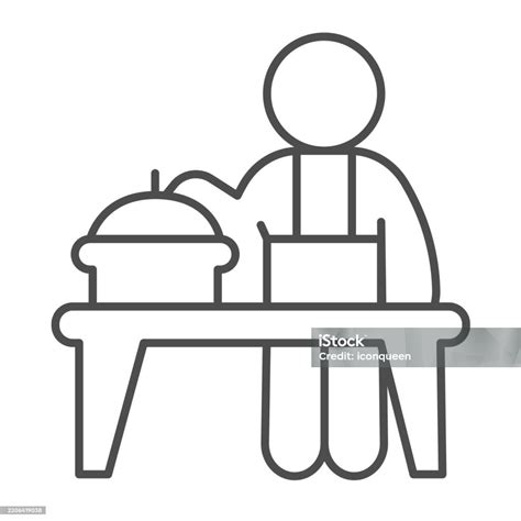 냄비 얇은 선 아이콘 요리 요리 개념과 함께 요리와 식탁 벡터 그래픽입니다 부엌과 밥솥 남자는 흰색 배경에 표시 모바일 또는 웹 디자인에 대한 개요 스타일 아이콘입니다 검은