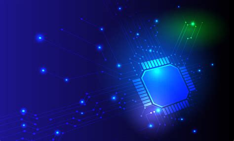 파란색 기술 배경에 회로 기판의 구조 미래를 위한 글로벌화를 위한 연결 개념입니다 커패시터 장치와 네온 빛이있는 마이크로 칩이