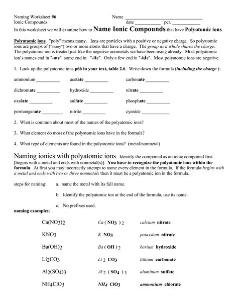 Forming And Naming Binary Ionic Compounds Practice Worksheet Type 1