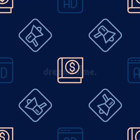 Set Line Advertising Megaphone And Financial Book On Seamless Pattern Vector Stock Vector