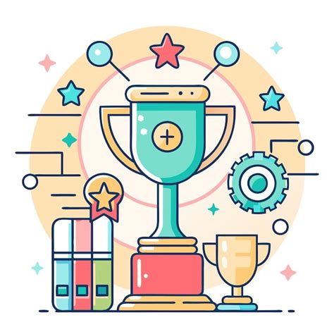 Gold Trophy With Red Star Gears And Small Trophy On Yellow Circle With