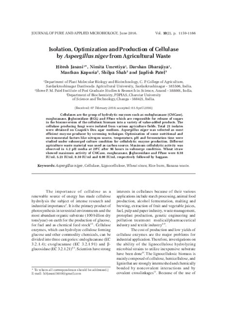 Pdf Isolation Optimization And Production Of Cellulase By Aspergillus Niger From Agricultural