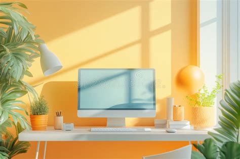 Bright Workspace Design With Computer Modern Office Interior Decor Vibrant Yellow Minimalist