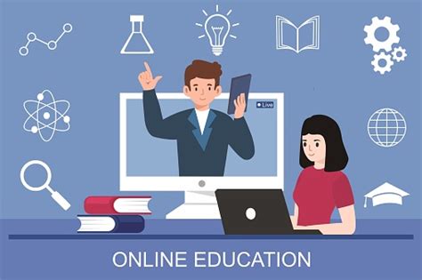 E러닝 온라인 교육 온라인 코스 개념 홈 스쿨 랩톱 컴퓨터 화면 거리 학습 새로운 정상에서 학생들을 가르치는 여성 교사