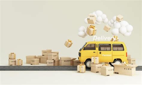 전자 상거래 개념 모바일 응용 프로그램의 배달 서비스 전화 및 온라인 메시지 제품 패키지 선물 상자를 통해 Vans 및 트럭의 운송 배달 도로 노란색 톤 3d 렌더링