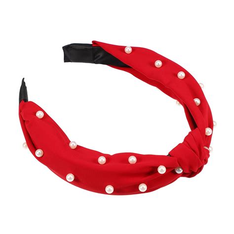 Unique Bargains Red Satin Knotted Pearl Headband Hairband For Women 1