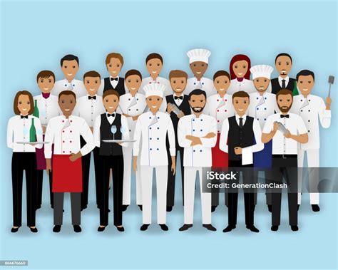 식당 유니폼에서 팀 문자입니다 케이터링 서비스 사람 요리사 요리사 웨이터 및 바텐더의 그룹 배너를 환영합니다 레스토랑에 대한 스톡 벡터 아트 및 기타 이미지 Istock