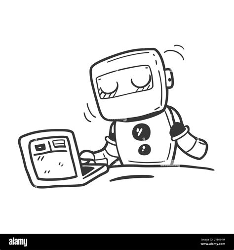 A Cute Hand Drawn Robot Working On A Laptop Perfect For Illustrating