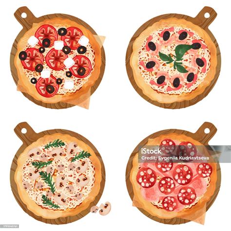 피자 세트 고기 해산물 버섯 토마토 피자와 나무 서빙 보드에 두꺼운 반죽을 얹은 피자 Isolated Watercolor Illustration On White