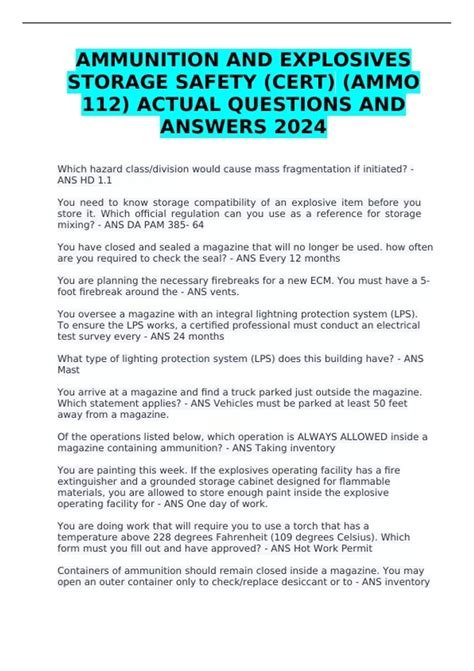 Ammunition And Explosives Storage Safety Cert Ammo 112 Actual Questions And Answers 2024