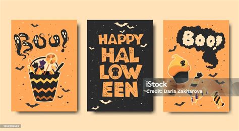 검은 색과 주황색 배경에 고립 된 손으로 그린 귀여운 과자와 글자를 가진 해피 할로윈 벡터 카드 컬렉션 초대 카드 인쇄 배너에 대한 일러스트 템플릿 10월에 대한 스톡 벡터