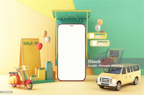 상자와 자전거와 배달 밴에 전화 화면 온라인 배달 노란색과 녹색 파스텔 색상에 교통 및 물류 디지털 쇼핑 광고 개념인터넷 배송 웹 배너 3d 렌더링 0명에 대한 스톡 사진