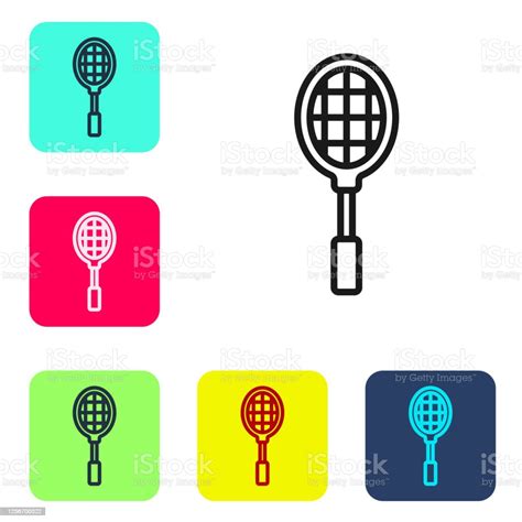 흰색 배경에 격리 된 블랙 라인 테니스 라켓 아이콘 스포츠 장비 색상 정사각형 단추로 아이콘을 설정합니다 벡터 일러스트레이션 개성 개념에 대한 스톡 벡터 아트 및 기타