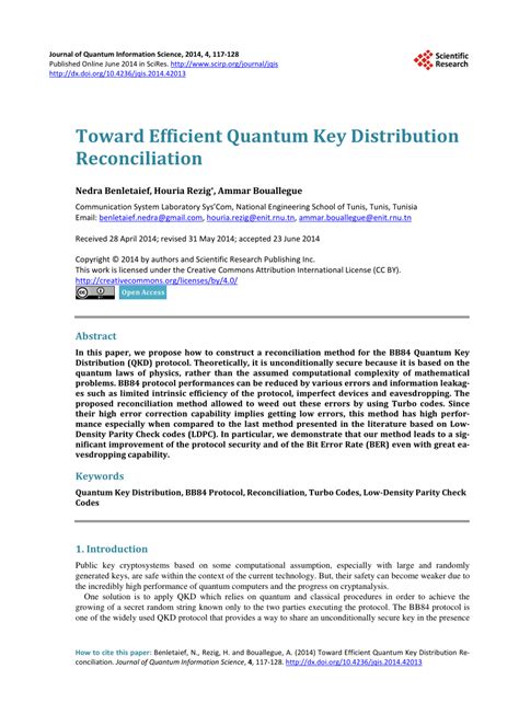 Pdf Toward Efficient Quantum Key Distribution Reconciliation