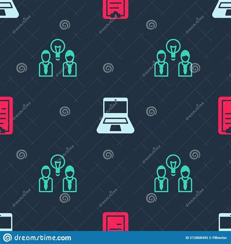 Set Clipboard With Checklist Laptop And People Lamp Bulb On Seamless Pattern Vector Stock