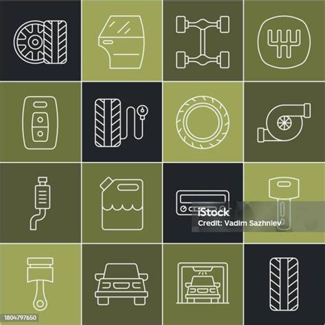 라인 자동차 타이어 휠 리모컨이 있는 키 자동차 터보차저 섀시 자동차 타이어 공기압 게이지 및 아이콘을 설정합니다 벡터 교통에 대한 스톡 벡터 아트 및 기타 이미지 Istock