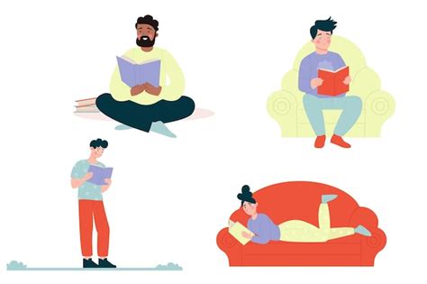 책 벡터 일러스트 레이 션을 읽고 다른 사람들의 집합 프리미엄 벡터