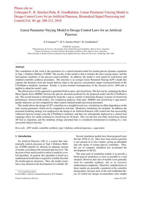 PDF Linear Parameter Varying Model To Design Control Laws For An Artificial Pancreas