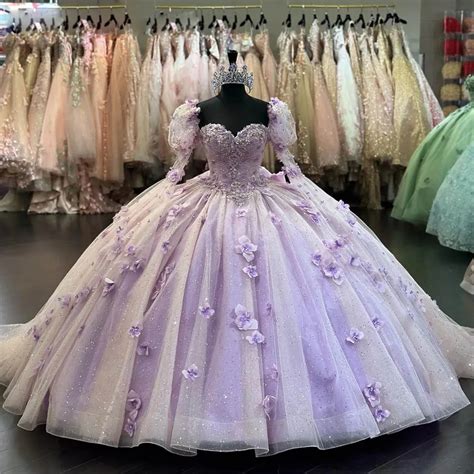 Lilac 3d Flowers Ball Gown Quinceanera Dresses Puff Long Sleeve Prom