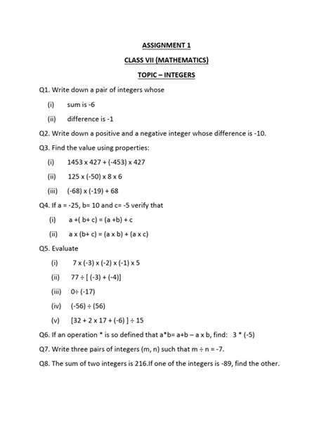Class 7 Assignment Integers Pdf