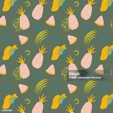 손으로 그린 스타일의 파인애플 매끄러운 패턴 벡터 그림을 가져옵니다 다채로운 여름 직물에 대한 벡터 반복 배경 건강한 식생활에