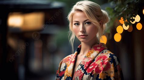 Fundo Linda Mulher Japonesa Loira Vestindo Um Quimono Japonês à Tarde