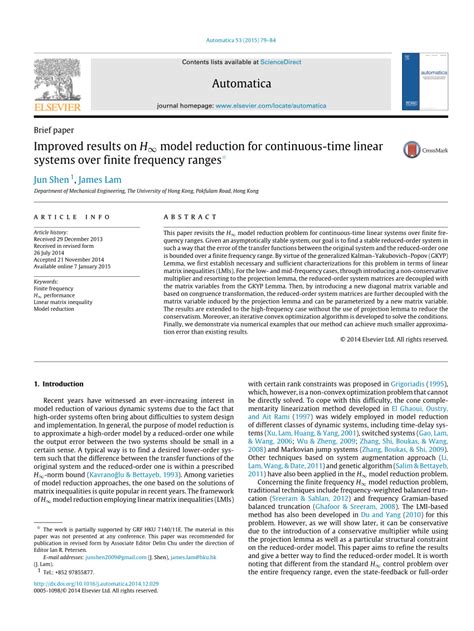 Pdf Improved Results On H∞ Model Reduction For Continuous Time Linear Systems Over Finite