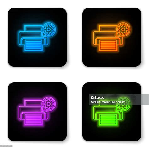 네온 프린터와 기어 아이콘 흰색 배경에 고립 빛나는 조정 응용 프로그램 서비스 개념 설정 옵션 유지 보수 수리 고정 검은색 사각형 단추입니다 벡터 일러스트 개념에 대한 스톡