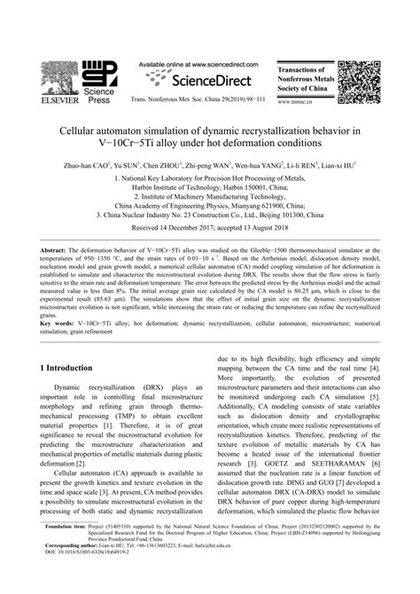Pdf Cellular Automaton Simulation Of Dynamic Recrystallization Behavior In V 10cr 5ti Alloy