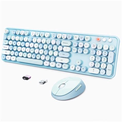 Wireless Keyboard And Mouse Combo Ergonomic Full Size Typewriter Retro Round Keycaps Keyboard