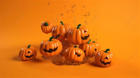생생한 오렌지 배경에 떠 있는 호박 그룹을 테마로 한 으스스한 할로윈 테마의 3d 렌더링 테마 배경 할로 배경 떠 배경 이미지 Hd 테마 할로 떠 배경 사진 무료