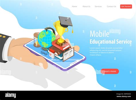 Flat Isometric Vector Landing Page Template Of Mobile Education E Learning Webinar Online