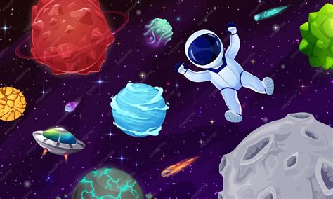 Cartoon Astronaut Character Outer Space Planets Premium Vector