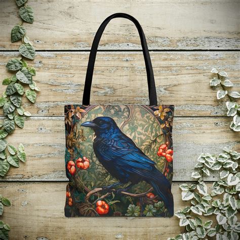 Crow Tote Bag William Morris Inspired Shoulder Tote Witchcore Crow