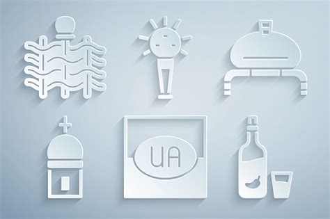 우크라이나 빵과 소금 교회 타워 후추 유리보드카 메이스와 고리버들 울타리 아이콘의 국기를 설정합니다 벡터 3차원 형태에 대한 스톡 벡터 아트 및 기타 이미지 Istock